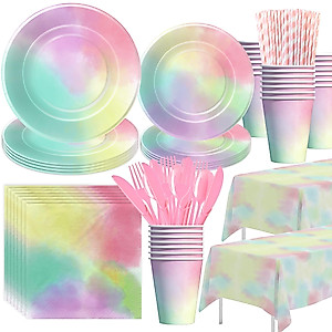 Xigejob Pastel Party Decorations Tableware - Pastel Rainbow Party Supplies, Plate, Cup, Napkin, Tablecloth, Cutlery, Watercolor Pastel Colorful Theme Party Supplies For Baby Shower Birthday | Serve 24