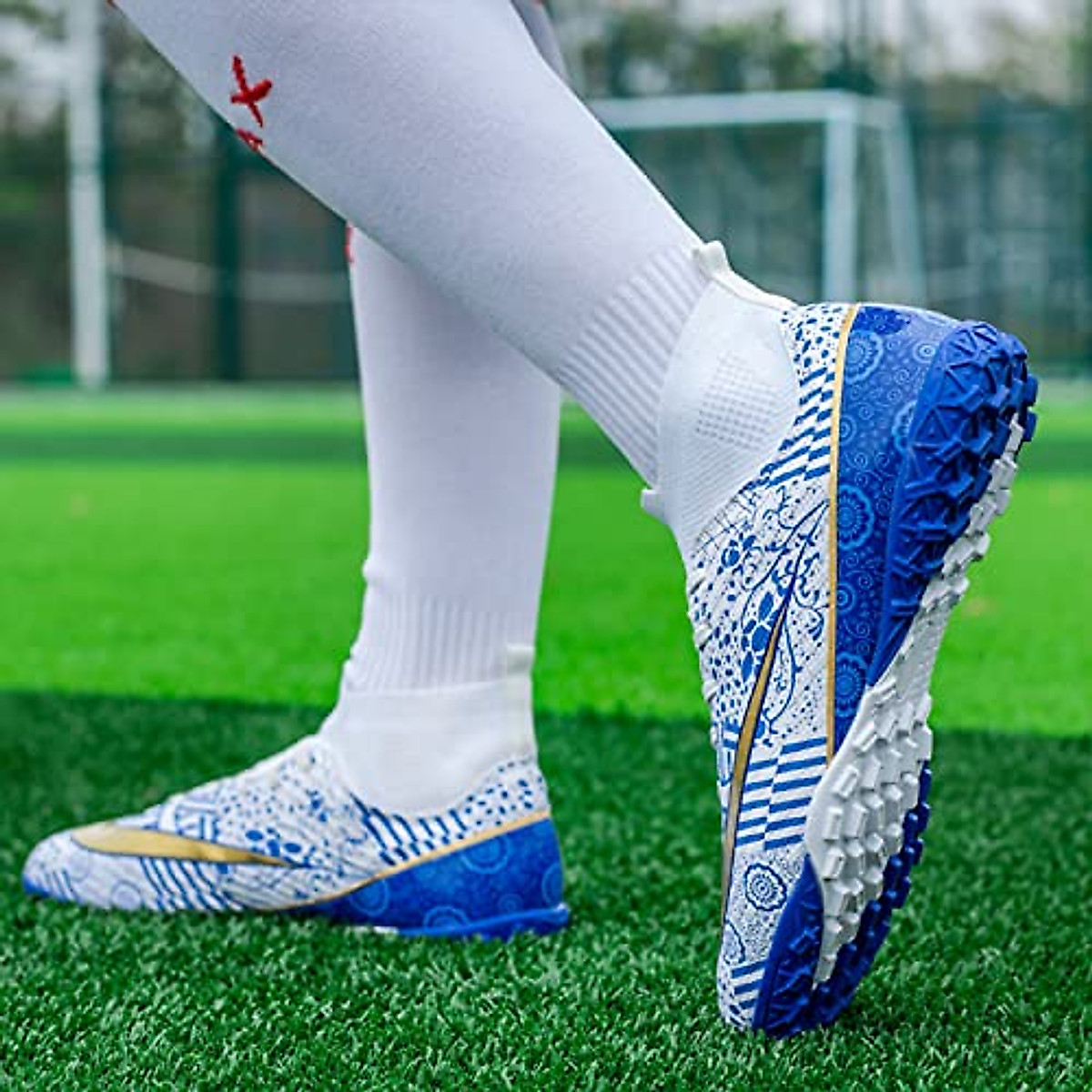 WINGFAI Men's Soccer Shoes Cleats Professional High-Top Breathable Athletic Football Shoes Outdoor/Indoor Professional Futsal Football Training Sneakers White-Blue 4 US