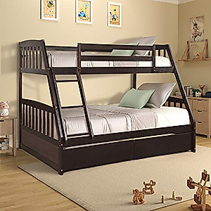 Solid Wood Twin Over Full Bunk Bed with Two Storage Drawers (Espresso)