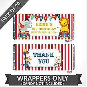 Circus Personalized Candy Wrappers for Chocolate, Kids Birthday Party Favors, Pack of 20 Custom Hershey Bar Labels