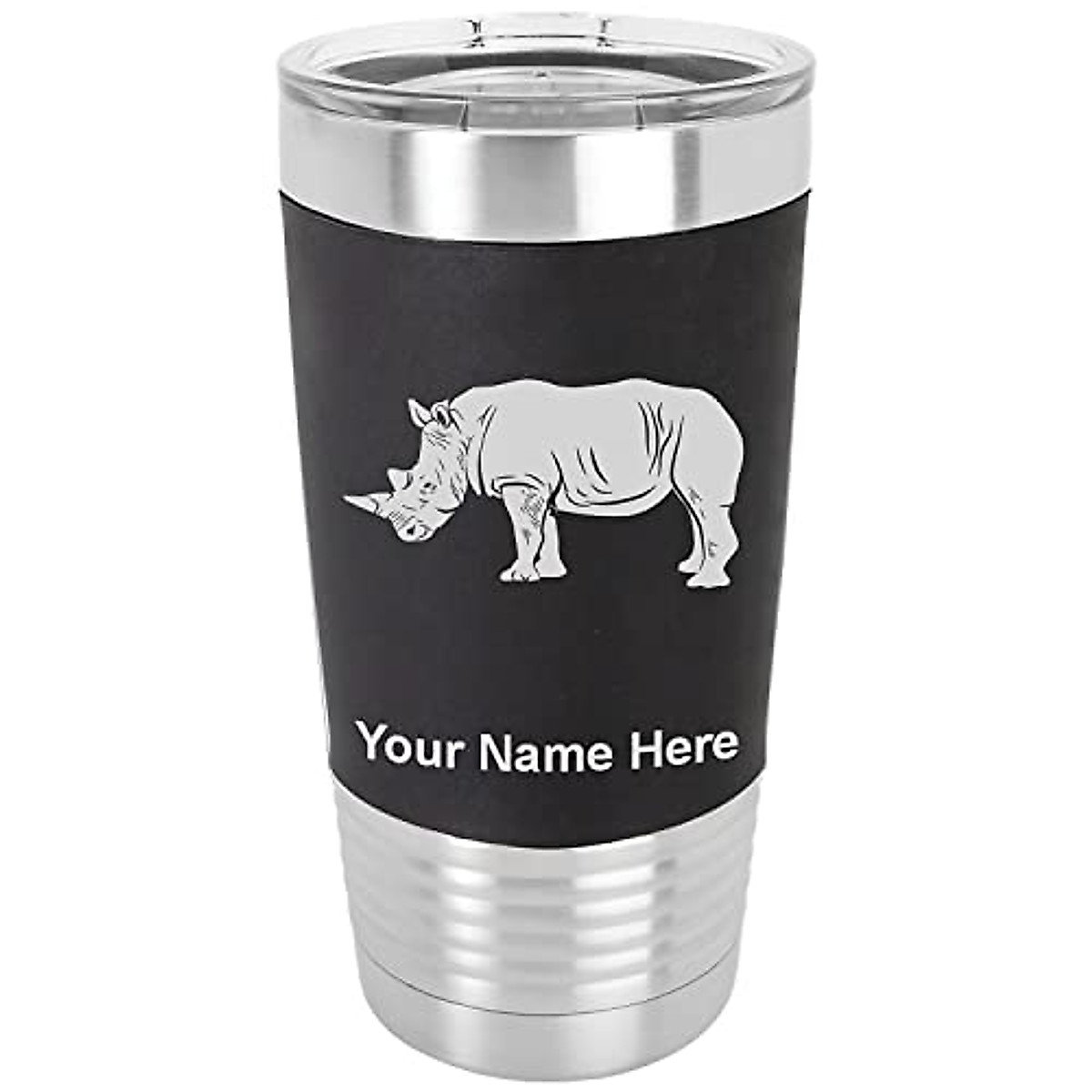 LaserGram 20oz Vacuum Insulated Tumbler Mug, Rhinoceros, Personalized Engraving Included (Silicone Grip, Black)