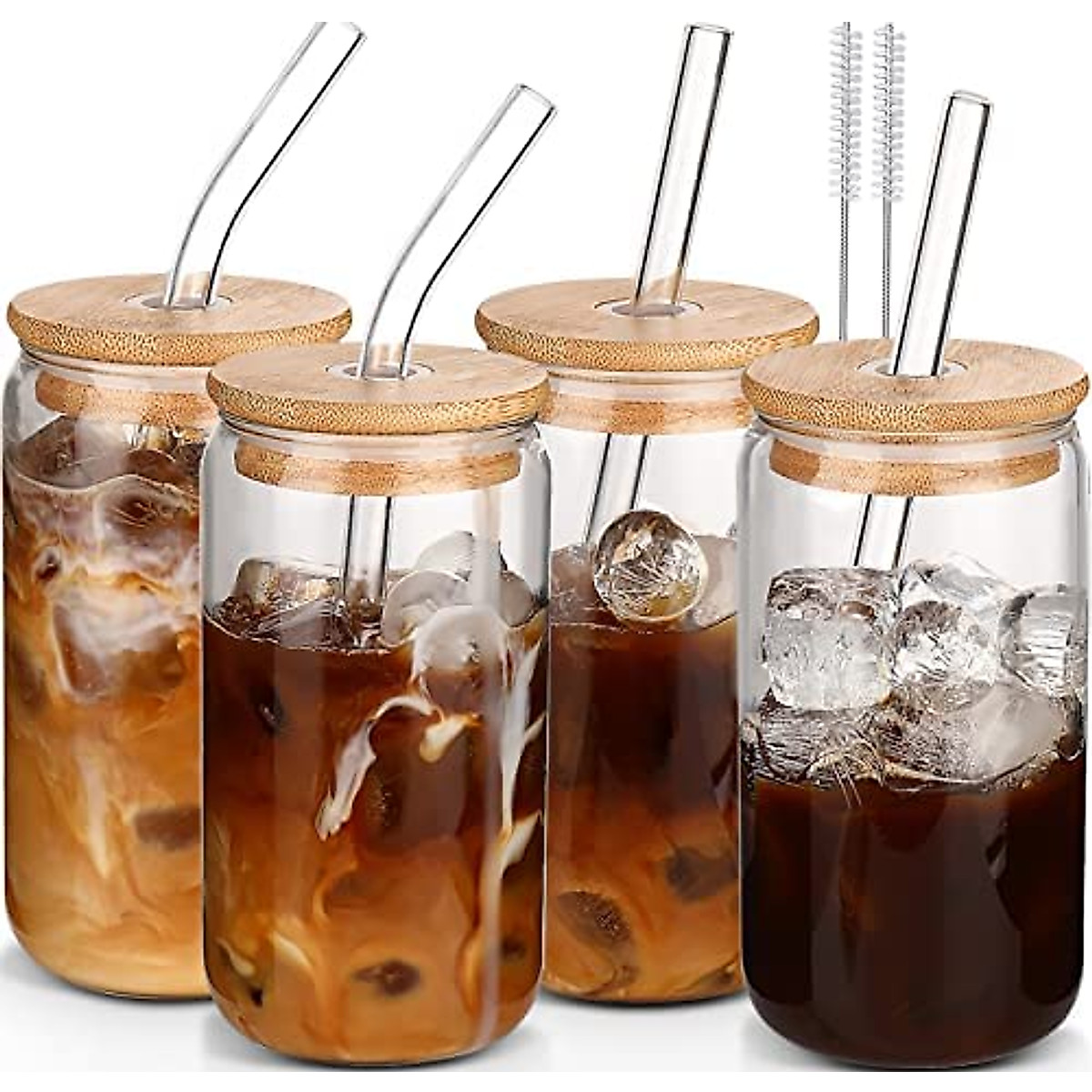 DWTS DANWEITESI Glass Cups with Lids and Straws 4pcs Set 16oz Iced Coffee Cups,Glass Coffee Cups with Lids and Straw,Beer Can Glass with Lids and Straw