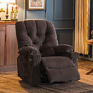 MCombo Electric Power Swivel Glider Rocker Recliner Chair with Cup Holders for Nursery, Hand Remote Control, USB Ports, 2 Side & Front Pockets, Plush Fabric 7797 (Grey)