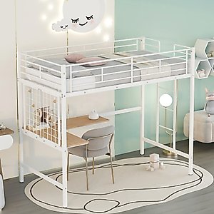 BIADNBZ Metal Twin Loft Bed with L Shaped Desk and Metal Grid, High Beframe for Juniors Adults w/Full-Length Guardrail & Ladders, Space-Saving, No Box Spring Needed, White