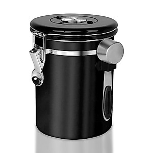 Chef's Star Coffee Canister, Airtight Coffee Container for Ground Coffee with Scoop - Stainless Steel Built In Valve, Date Tracker - For Tea, Flour, Cereal, Sugar, Coffee Bean Storage, 21 Oz, Black