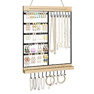 Feyejade Hanging Jewelry Organizer, 5-Tier Wall Earring Holder with Wooden Ring Groove, Jewelry Rack Wall Mounted for Earrings, Necklaces, Bracelets and Rings, Jewelry Holder Stand