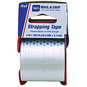 Seal-It Mail and Ship Strapping Tape, 2 Inches x 360 Inches, White, with Palmguard Dispenser Blue/Red (83716)