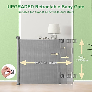 Retractable Baby Gate, Extra Wide Safety Kids or Pets Gate, 33” Tall, Extends to 71” Wide, Mesh Safety Dog Gate for Stairs, Indoor, Outdoor, Doorways, Hallways(33”x71”- Grey)