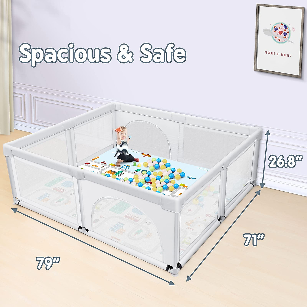 Baby Playpen with Mat, ALVOD 79''x71'' Baby Playard Baby Fence Play Area Extra Large Playpen for Babies and Toddlers, Safety Baby Playpen with Anti-Slip Base, Play Yard Kids Activity Center Home, Gray