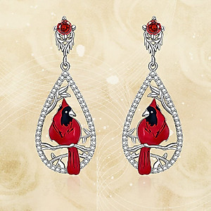 Cardinal Earrings for Women S925 Sterling Silver Teardrop Dainty Cute Dangle Drop Piercing Stud Red Fashion Hypoallergenic Crystal Ruby Animal Bird Valentine's Day Jewelry