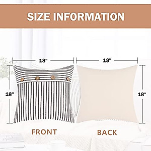 Farmhouse Button Pillow Covers 18 x 18, Black and Beige Striped Patchwork Pillow Covers, Set of 2 Modern Accent Square Couch Pillow Cases, Decorative Pillowcases with Buttons for Sofa Couch Bed