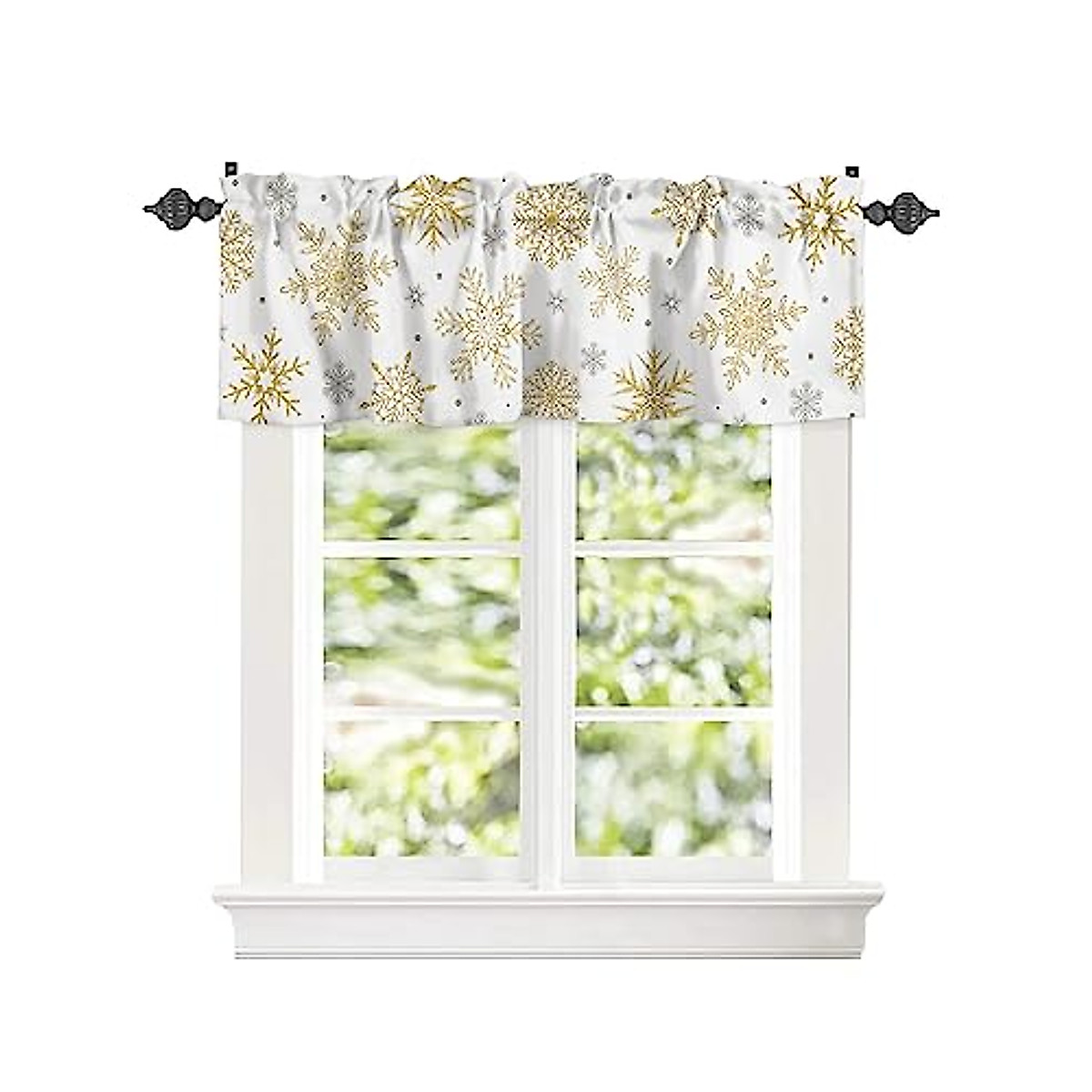 Winter Snowflake Kitchen Curtain Valance for Window Gold Grey Geometric on White 60x18In Rod Pocket Valances Short Curtains Window Treatment for Living Room Bathroom Bedroom Cafe Decor Wave Point