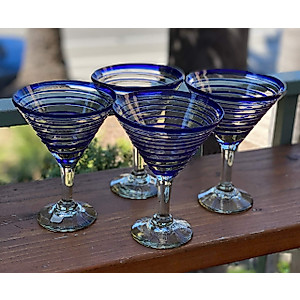 Mexican Hand Blown Glass – Set of 4 Hand Blown Modern Margarita Glasses - Blue Spiral (12 oz)