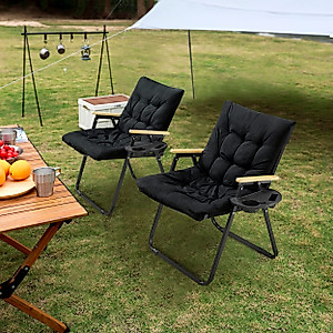 Folding Camping Chair with Detachable Cushion and Cup Holder, Lawn Chair with Arm Rest, Heavy Duty Portable Camping Chair for Adults, Outdoor Chair for Camping, Lawn, Patio, Beach and Fishing, Black