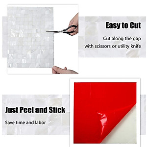 KASARO Peel and Stick Backsplash Shell Tiles, Mother of Pearl Mosaic Self Adhesive Tiles for Kitchen Wall Bathroom Bedroom Decor, White, 10-Sheet