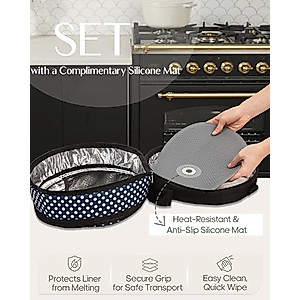 Premium Insulated Round Casserole Carrier & Insulated Pie Carrier (12.5" x 6") – Stylish Pie Carrier with Lid and Handle – Collapsible Cake Carrier, Cheesecake Carrier for transport [Navy Polka Dot]