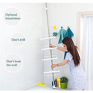 H&A Tension Shower Caddy Pole, Bathroom Corner Shower Rack, Stainless Steel Pole and Rustproof-White