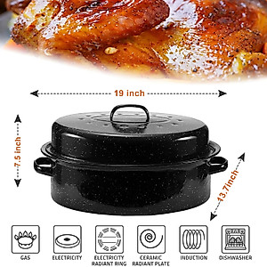 17.5 Inch Roaster Pan, Enamel Oval Turkey Roasting Pan with Domed Lid - Mother's Gift, Covered, Non-sticky, Free of Chemicals - Rôtissoire Chicken Meat Roasts Casseroles & Vegetables (17.5 Inch)
