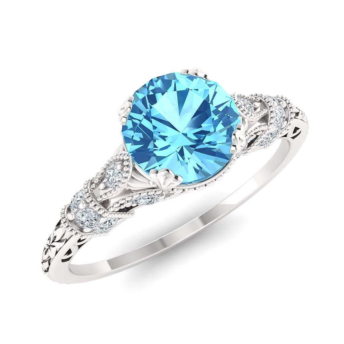 Diamondere Natural and Certified Blue-Topaz and Diamond Engagement Ring in 14K White Gold, 1.11 Carat Art Deco Engagement Ring for Women, US Size 6.5