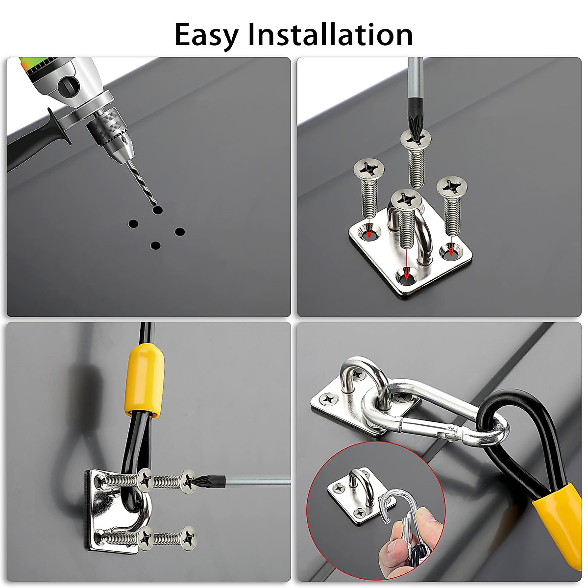 JUXYES Pack of 4 Universal Outdoor Bear Proof Trash Can Lock, Metal Trash Can Lid Locks for Animals Stop from Rummaging, Outdoor Garbage Can Buckle Lock, Long-Lasting Rubber Coated Braided Wire Rope