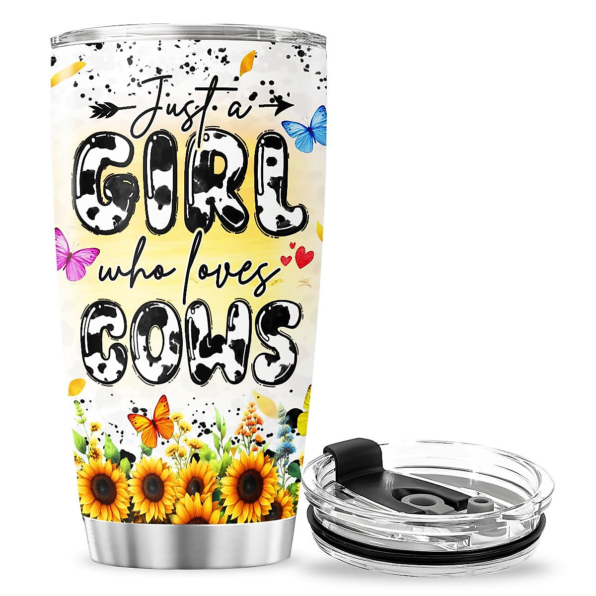 JENOIS Just A Girl Dairy Cow, Tumbler 20 Oz With Lid And Straw, Print Cups Floral Sunflower Handle Flower, Cow Gifts