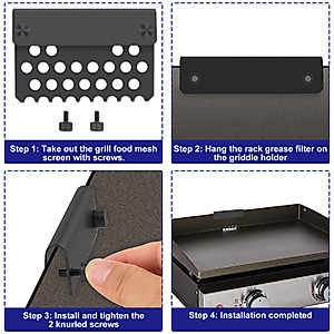 Griddle Grease Gate, Stainless Steel Rear Food Filter Mesh Screen Blocks, Grill Grease Blocker with Screws for Blackstone Flat Top Griddle and Other Grills(Black)