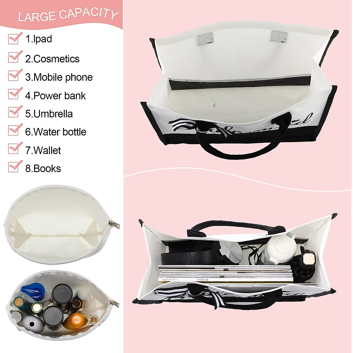 Chunful 8 Pcs Bride Bridesmaids Gift Bag 16" x 12" x 7" Canvas Tote Bags with 8 Pcs Bride Bridesmaids Makeup Bag for Wedding Favor Bachelorette Bridal Shower Party Team Bride