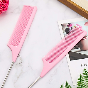 3 Packs Rat Tail Comb Steel Pin Rat Tail Carbon Fiber Heat Resistant Teasing Combs with Stainless Steel Pintail (Pink)