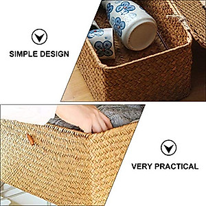 YARNOW 2pcs Seagrass Storage Baskets with Lids Rectangular Rattan Baskets Woven Wicker Storage Bins Wooden Picnic Basket Laundry Hamper Container