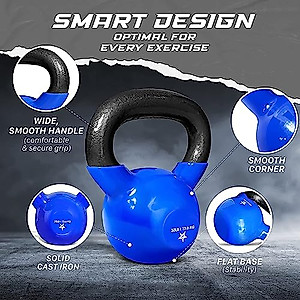 Yes4All 30 lb Kettlebell Weight Vinyl Coated Cast Iron for Dumbbell Weights Exercises, Gym, Fitness, Full Body Workout Equipment Push up, Grip and Strength Training, Blue