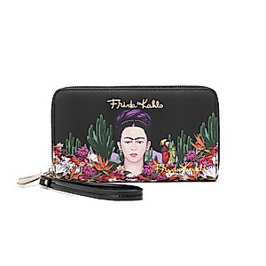 Frida Kahlo Cactus Collection Faux Leather Zip Wallet with Wristlet (Black/Black)