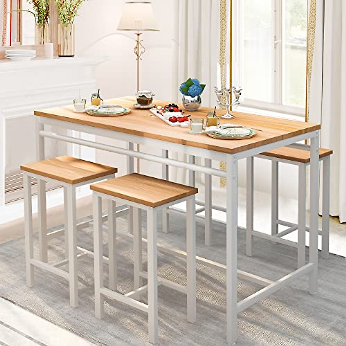 Recaceik Dining Table Set for 4 Kitchen Table and Chairs Set of 4, 5 Pieces Bar Table Set with 4 Stools Counter Height Dining Room Table with Metal Legs for Dinette Breakfast Nook, 47'' Walnut