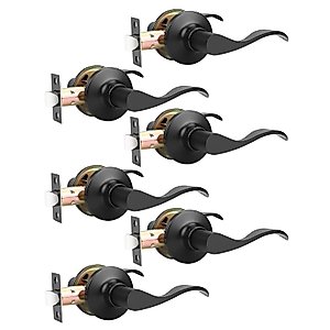 Mengico 6 Pack Door Handle Lock,Black Door Lever Interior,Passage Door Levers Closet Hallway Door Lever,Reversible Wave Lever Handles