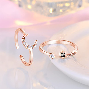 Certykllp Personalized Moon Photo Projection Ring for Women Custom Sterling Silver Moon Ring Picture Jewelry Projection Finger Adjustable I Love You 100 Language Ring for Girlfriend Wife