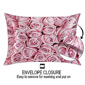 Pink Roses Satin Pillow Cases Silk Satin Pillowcase for Hair and Skin Standard Set of 2 Super Soft Silk Pillowcase with Envelope Closure (20x26 in)