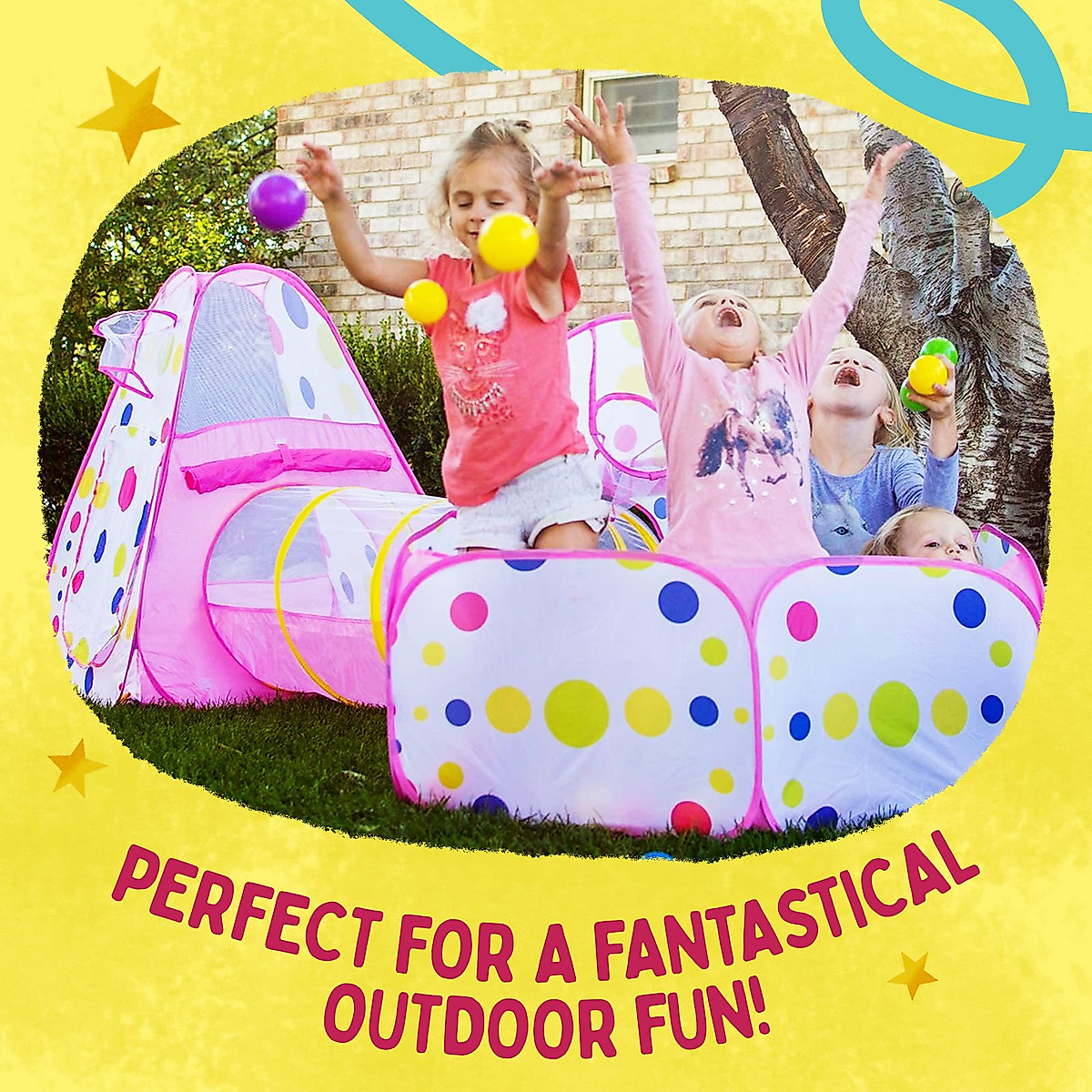 Playz 3pc Kids Play Tent Crawl Tunnel and Ball Pit Pop Up Playhouse Tent with Basketball Hoop for Girls, Boys, Babies, and Toddlers for Indoor and Outdoor Use with Pink Carrying Case