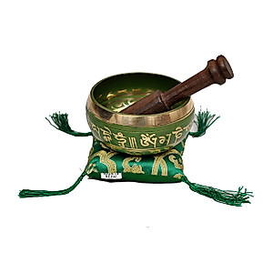 Tibetan Singing Bowl Set By Dharma Store - With Traditional Design Tibetan Buddhist Prayer Flag - Handmade in Nepal (Green)