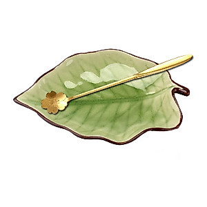 Ceramic Spoon Rest Cooking Spoon Holder for Kitchen Counter/Stove Top/Dining Table with Cute Spoon, Leaf Shaped, Modern Farmhouse Decorative, 7.5x5.1 inch