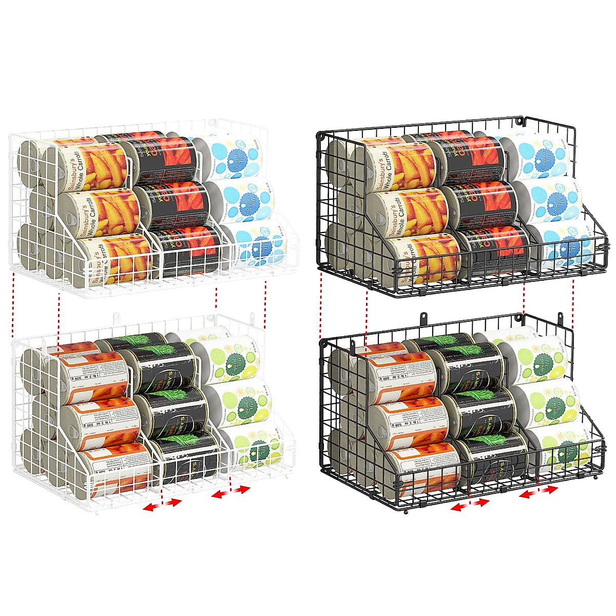 2 Pack-Stackable Can Rack Organizer for Pantry Storage, Can Dispensers with 4 Adjustable Dividers, 2-Tier Metal Wire Basket Beverage Pop Soda Rack for Kitchen Cabinet Pantry, White, Black