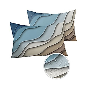 Outdoor Pillow Cover Geometric Blue Modern Waterproof Lumbar Throw Pillowcases Set of 2 Brown Abstract Decorative Patio Furniture Pillows for Couch Garden 20 x 12 Inches