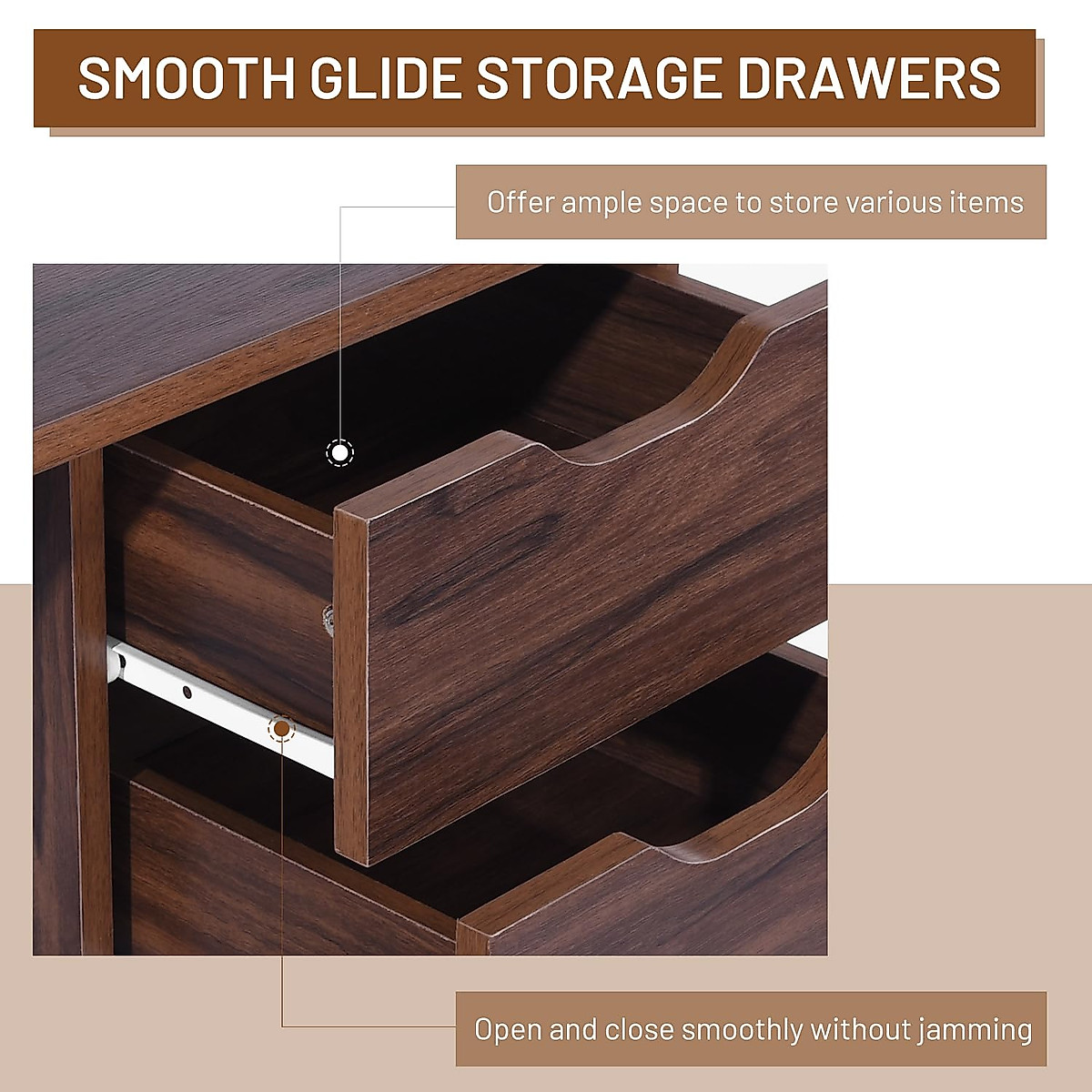 FurnitureR Home Office Computer Desk with 2 Drawers, Wooden Study Writing Table Teen Student Desk Workstation with Footrest for Bedroom Small Spaces Apartment Dorm, Walnut Brown