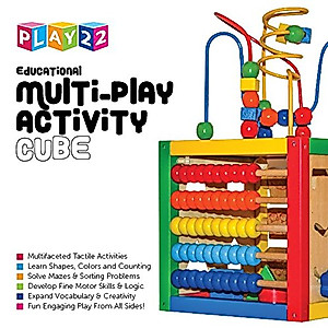 Wooden Activity Play Cube 6 in-1 for Baby with Removable Bead Maze, Shape Sorter, Abacus Counting Beads & Numbers, Sliding Shapes, 8Pcs Stacking Cups – Play22