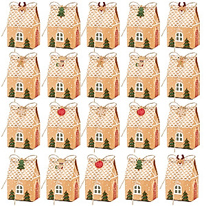 ZMLM Small Christmas Treat Boxes 20Pcs Christmas Gingerbread Boxes with 24 Ornaments Tags, Mini Christmas Gift Boxes Candy Cookie Boxes Kraft Wrapping Paper Gift Wrap Bags for Xmas Party Favors Gifts
