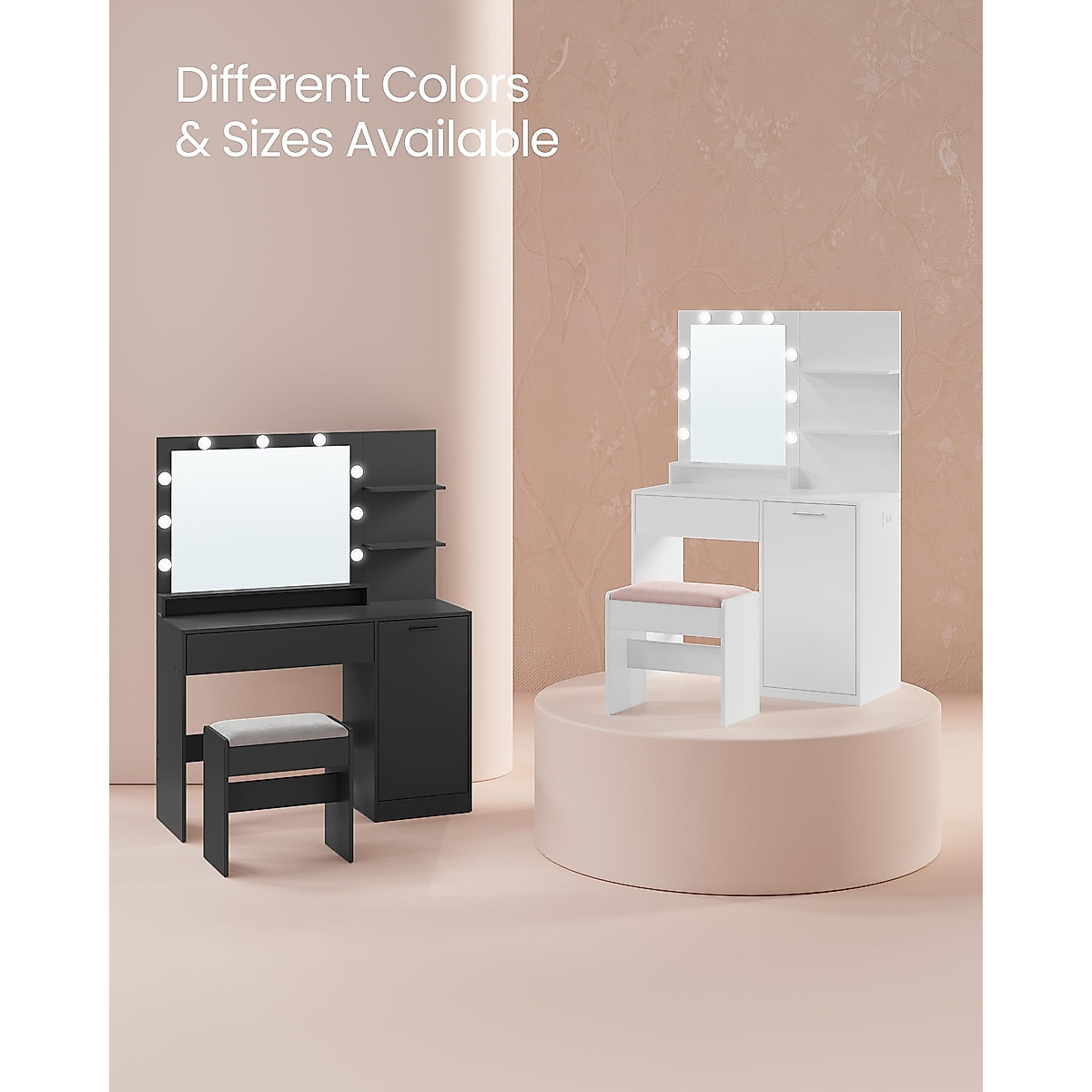 VASAGLE Vanity Desk with Mirror and Lights, 35.4-Inch Wide Makeup Vanity with Upholstered Vanity Stool, Power Outlets, Dimmable LED Lights, Storage Drawer, for Bedroom, Cloud White URDT128W01