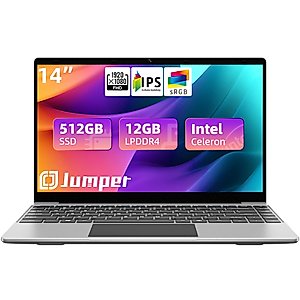 jumper 14 Inch Laptop, 12GB LPDDR4 RAM 512GB SSD, Intel Celeron Quad-Core Processor, Windows 11 Computer with FHD IPS Screen, UHD Graphics 600, 5G+2.4G WiFi, Dual Speakers, USB3.0, Webcam, Slim.