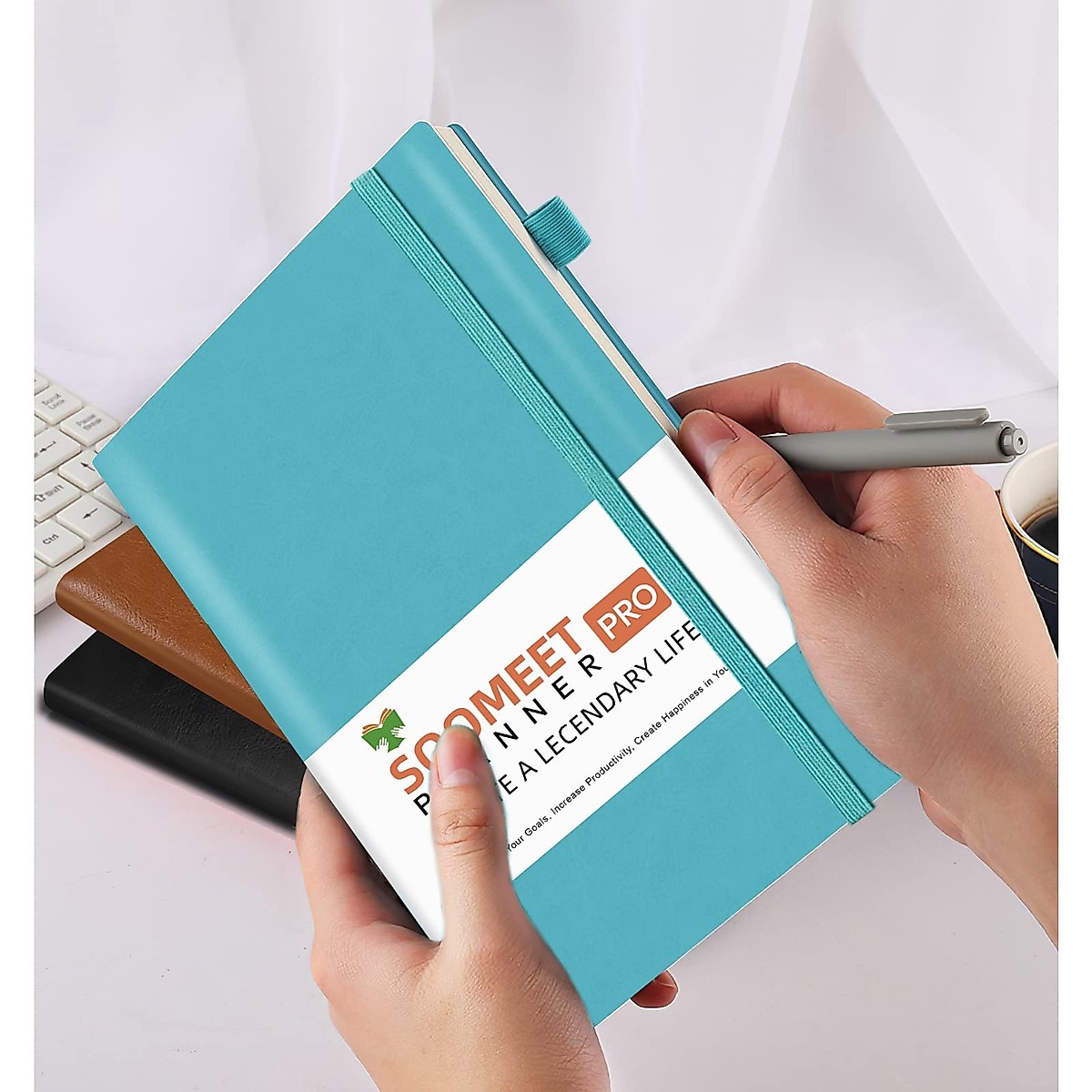 Soomeet Planner, Undated Weekly Planner, Goal Planner, Calendar Stickers, Faux Leather Cover, Time Management Manual and Planner, A5 Hardcover with Ruler, 200 Pages, Lake Blue