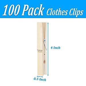OBTANIM 100 Pack Wooden Clothespins 4 Inch Heavy Duty Clothes Clips for Hanging Clothes Art, Crafts, Photo Outdoor Pictures Displays