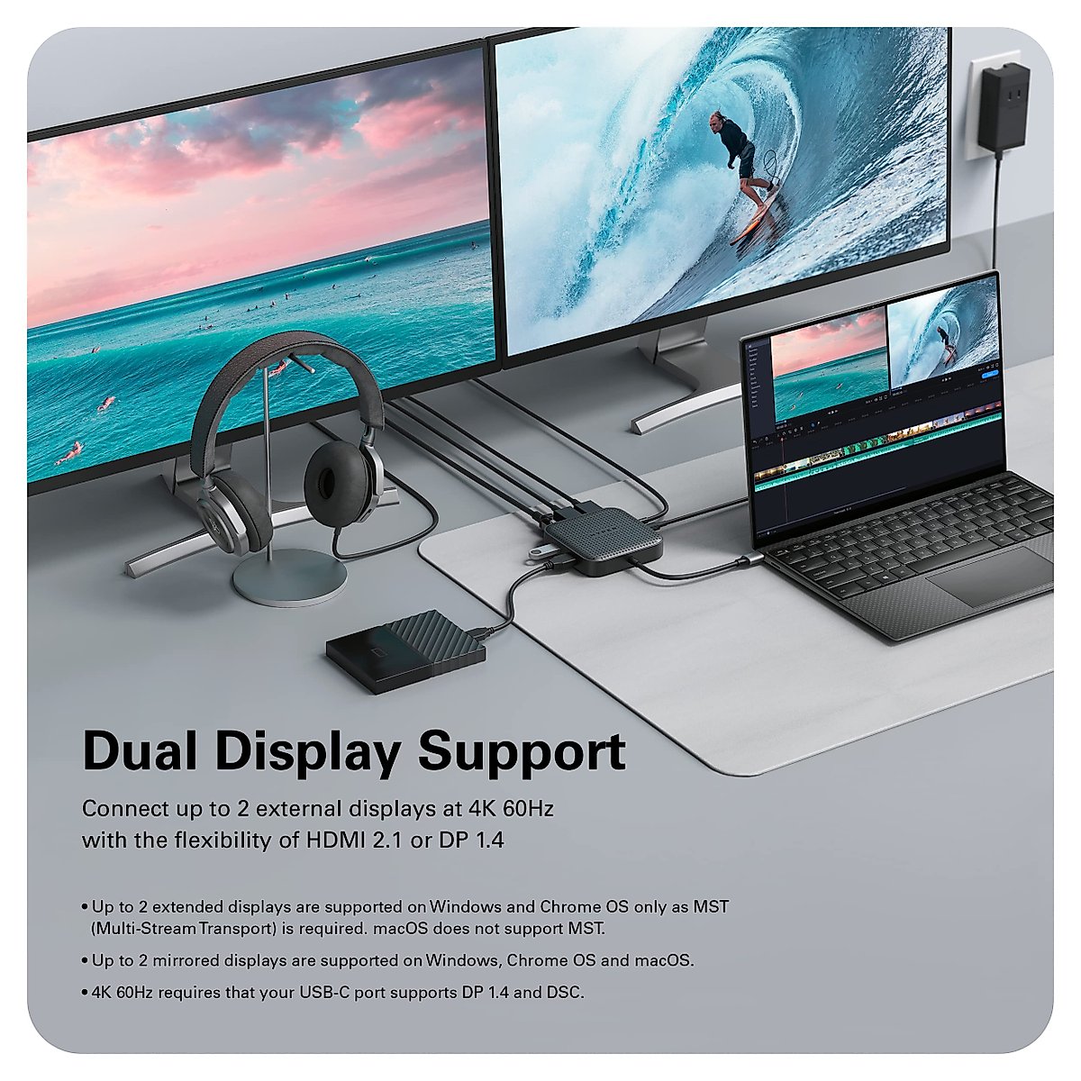 HyperDrive Dual Monitor USB4 Mobile 7-in-1 Docking Station - Dual 4K60Hz, Upstream Port w/ 85W PD, Gigabit Ethernet, Laptop Docking Station w/ 10Gbps USB-A