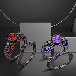 Gothic Black Skull Rings Red Purple Crystal Ring Cocktail Party Halloween Biker Rings for Women Halloween Gifts (Purple, 7)