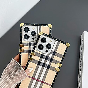 Luxury Square Case Compatible with iPhone 14 Pro Max Case for Women Men,PU Leather Classic Checkered Style Pattern Protective Cover Case for iPhone 14Pro Max 6.7"-Yellow